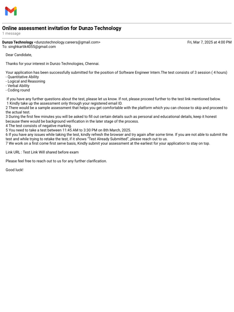 DUNJO - Online Assessment Invitation For Dunzo Technology | PDF