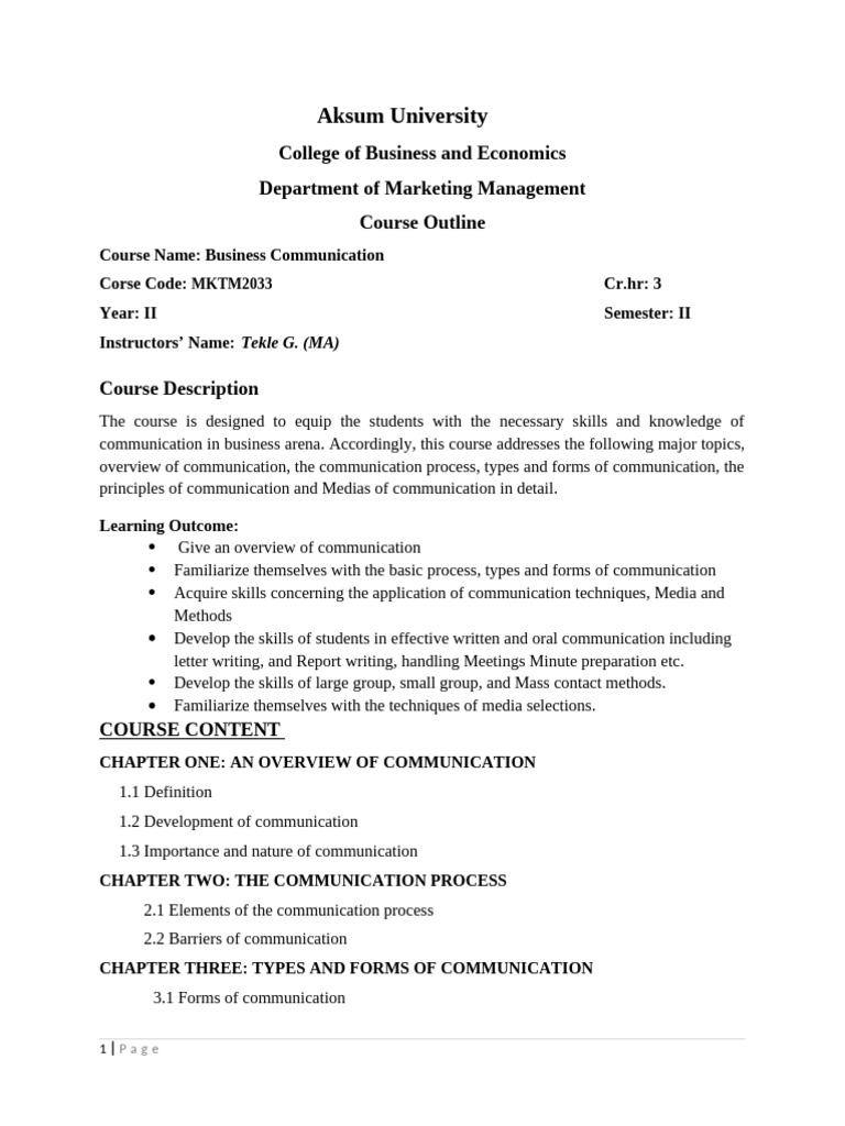 Business Communication Course Outline | PDF | Communication | Human ...