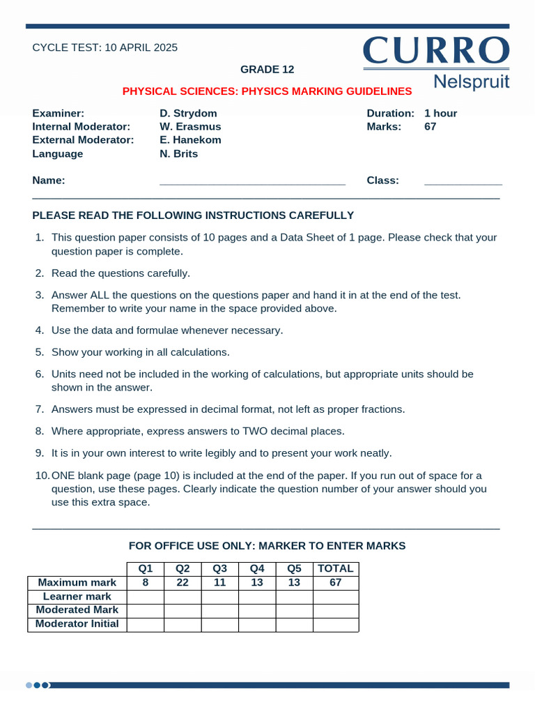 MG GR 12 Phys Sci Cycle Test 10 April 2025 | PDF | Force | Momentum