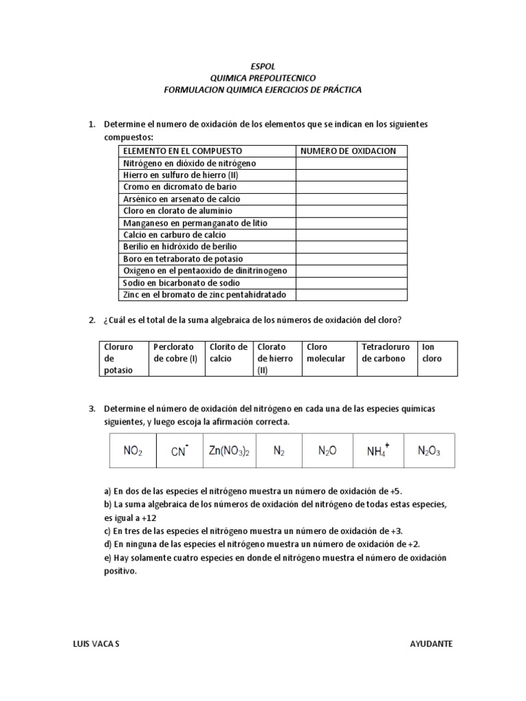 Formulacion Quimica Ejercicios de Práctica | PDF | Redox | Átomos