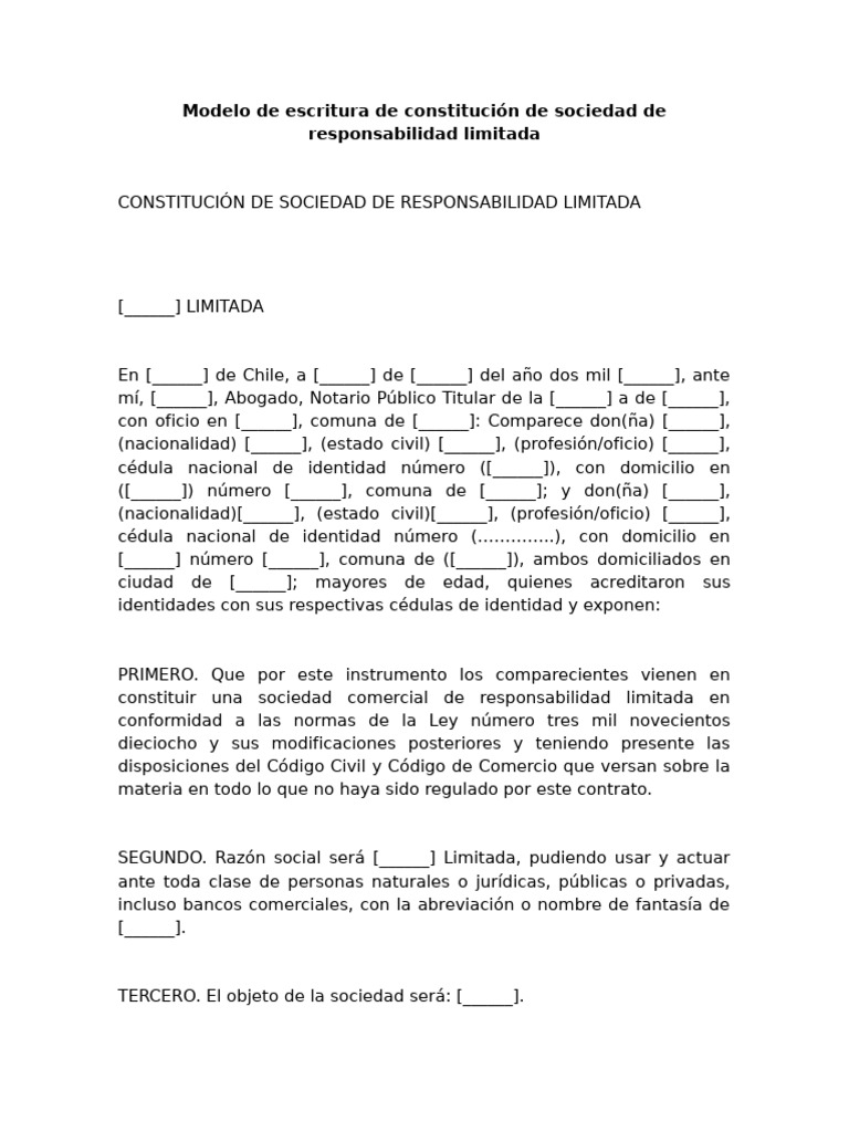 Modelo de Escritura de Constitución de Sociedad de Responsabilidad Limitada | PDF | Bancos ...