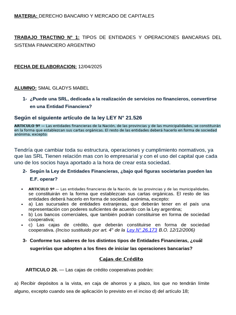 Trabajo Practico #1 Individual - Smal Gladys Derecho Bancario | PDF | Bancos | Cooperativa