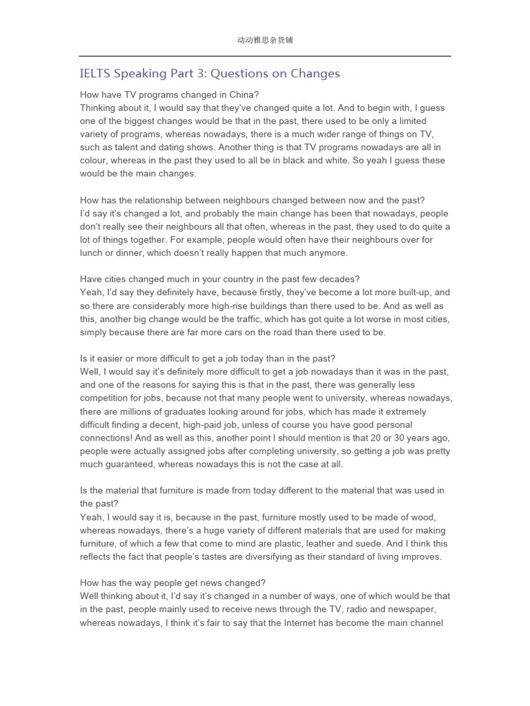 Speaking Part 3 Questions On Changes | PDF