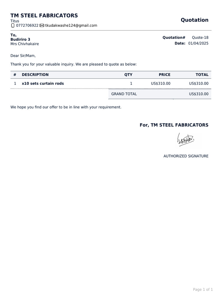 TM Steel Fabricators Quotation: To, Budiriro 3 Quotation# Date: 01/04 ...