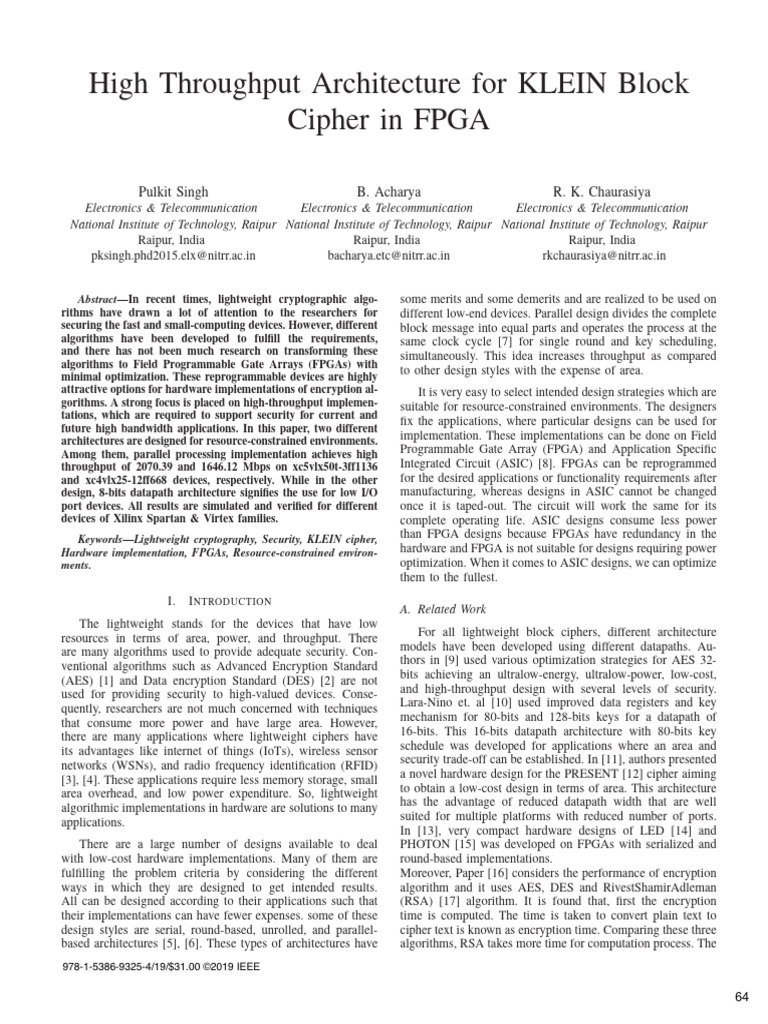 High Throughput Architecture For KLEIN Block Cipher in FPGA | PDF | Field Programmable Gate ...