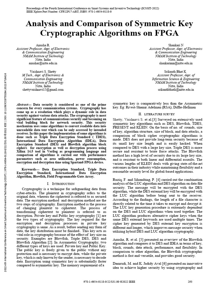 Analysis and Comparison of Symmetric Key Cryptographic Algorithms On FPGA | PDF | Key ...