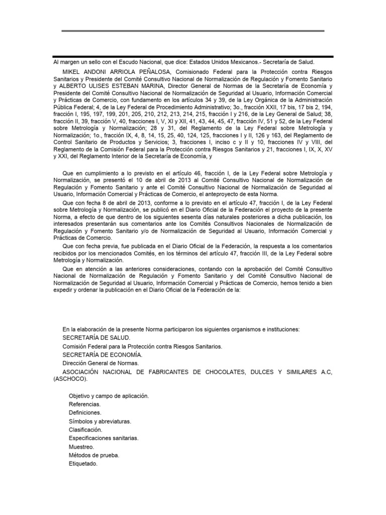 Norma Oficial Mexicana NOM-186-SSA1/SCFI-2013 | PDF | Chocolate | Alimentos