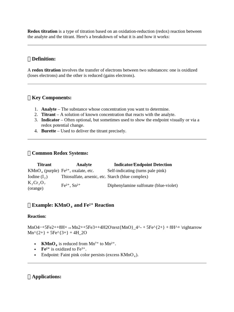 Redox titration is a type of titration based on an oxidation | PDF