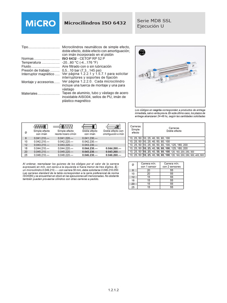 Microcilindros Neumáticos MD8 SSL | PDF