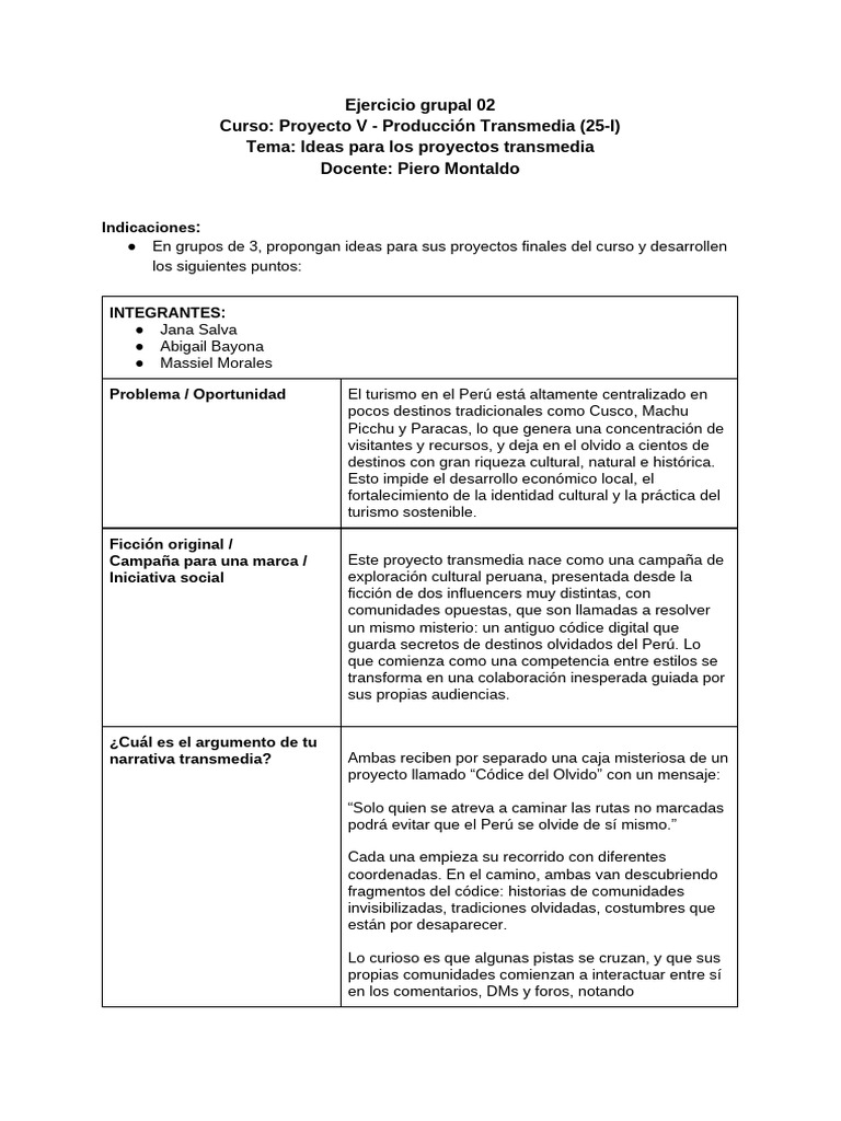Ficha Act Grupal 02 - Proy V - Produc Transmedia 25-1 | PDF | Turismo | Perú