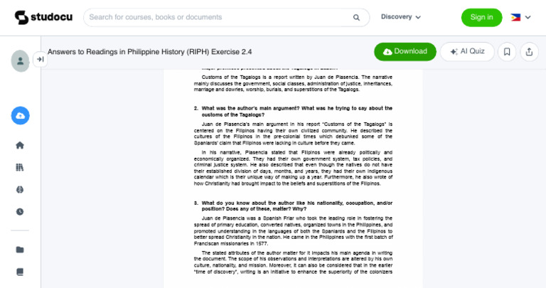 Answers to Readings in Philippine History (RIPH) Exercise 2.4 - RIPH Exercise 2. Name Date ...