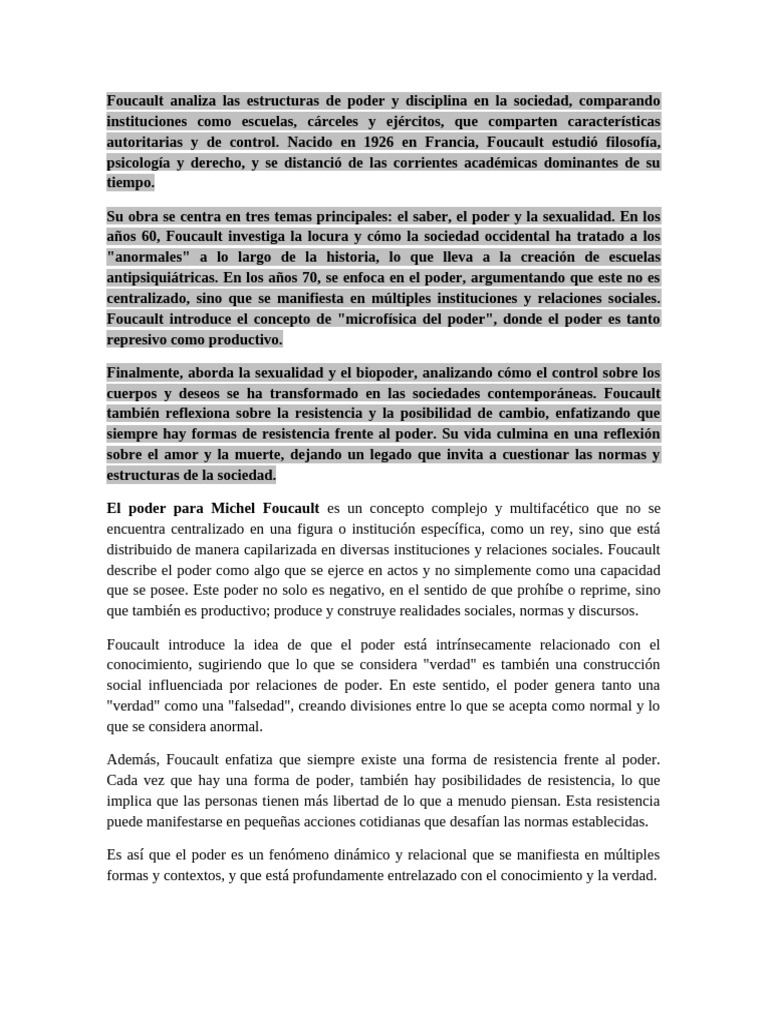Foucault Analiza Las Estructuras de Poder y Disciplina en La Sociedad ...