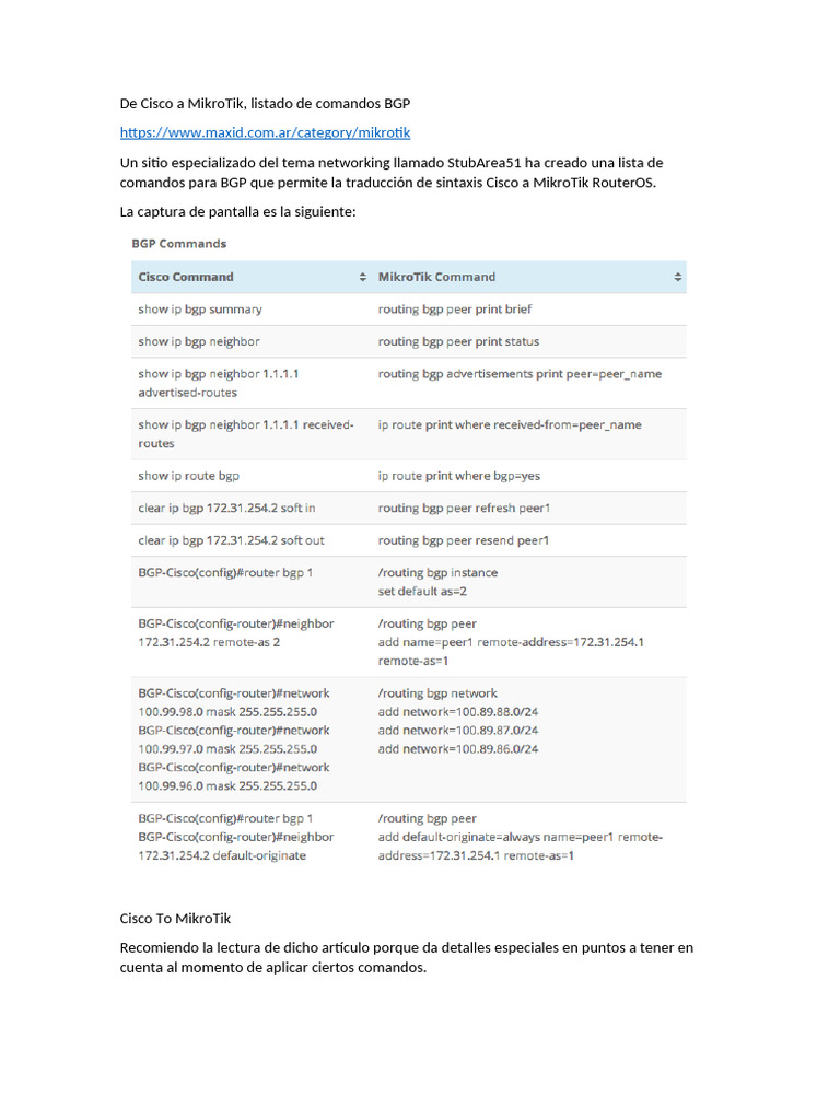 De Cisco a MikroTik listado de comandos BGP | PDF