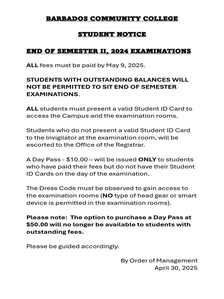 Student Notice For End of Semester 2, Examinations | PDF