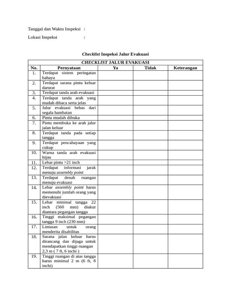 Checklist Inspeksi Jalur Evakuasi | PDF