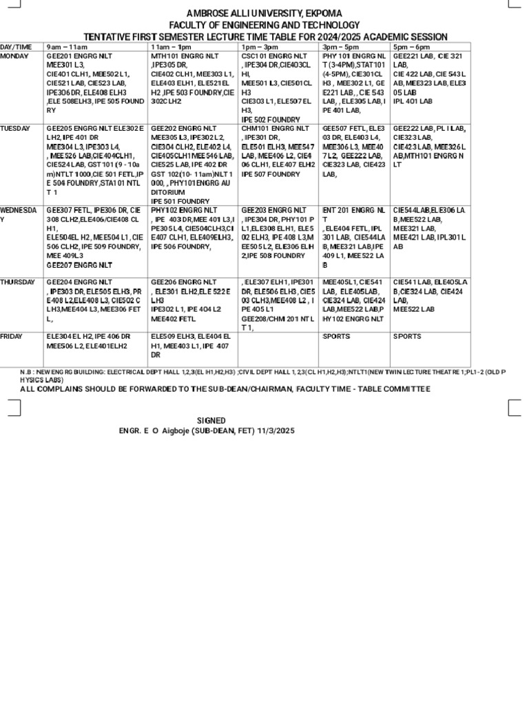 LECTURE TIME TABLE 2024 SESSION - Phoenix | PDF