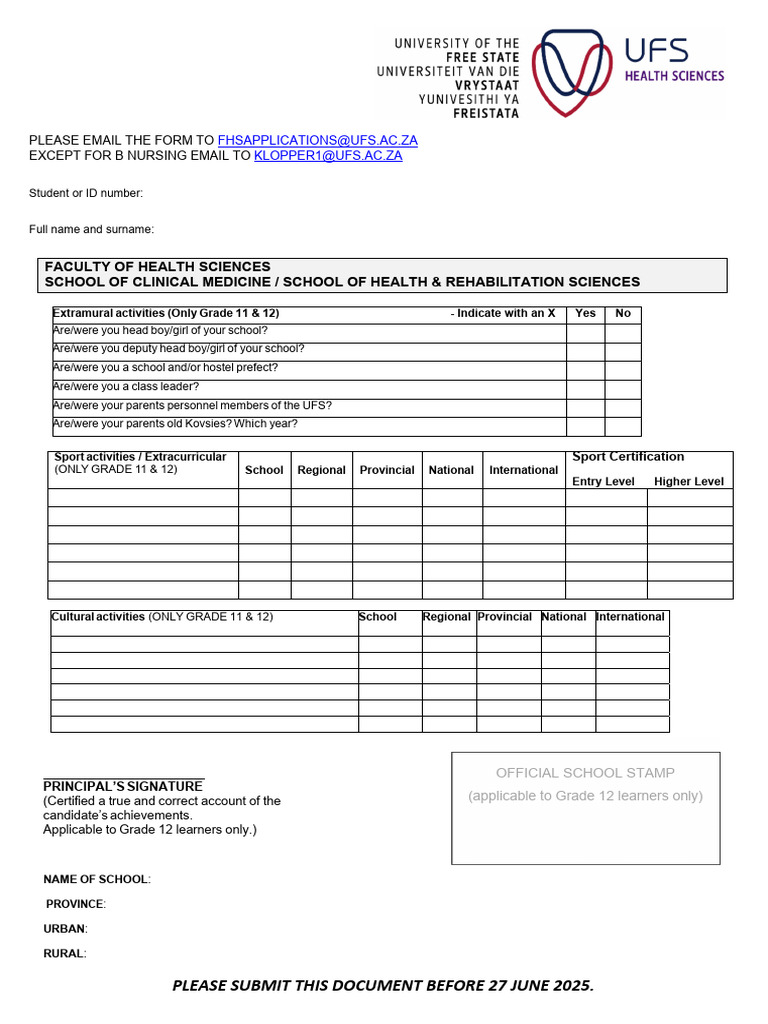 UFS Health Sciences Application Form | PDF