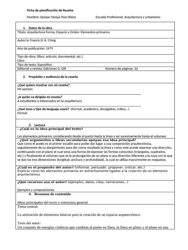 Ficha de planificación de Reseña Final y borrador | PDF | Longitud | Volumen