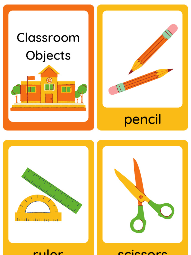 Colorful and Illustrative Classroom Objects Flashcards | PDF