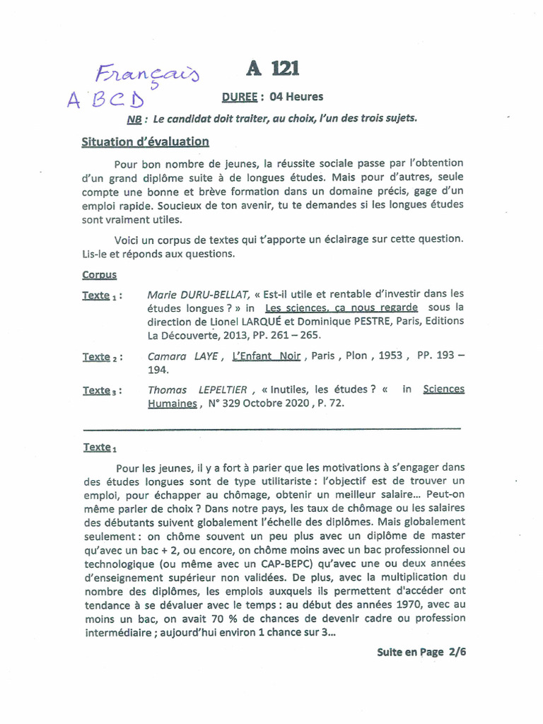 Epreuves Bac A1 A2 B 2021 | PDF