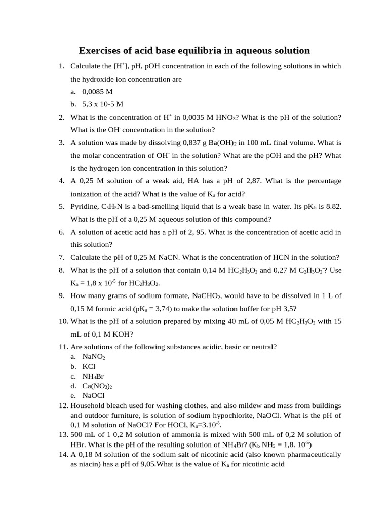 Exercises of Acid Base Equilibrium | PDF