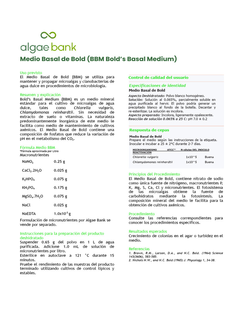 BBM Medium For Chlorella Vulgaris | PDF | Agua | Nutrientes