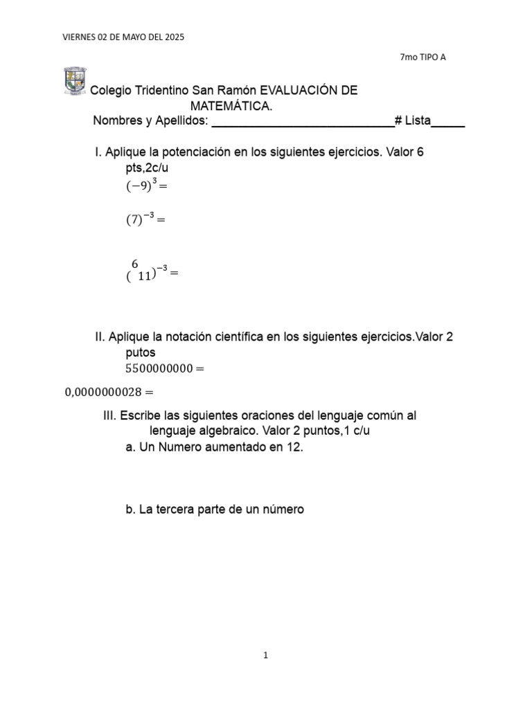 Evalaución de Matemática 7mo Grado | PDF | Matemáticas | Aritmética