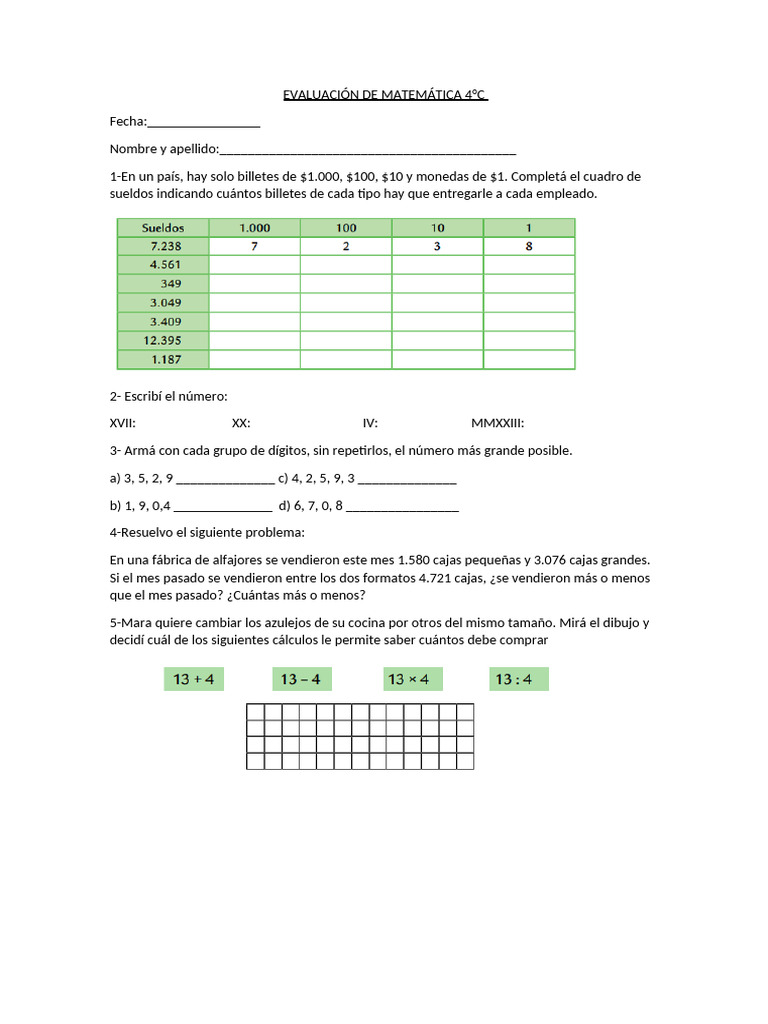 Evaluación de Matemática 4 | PDF
