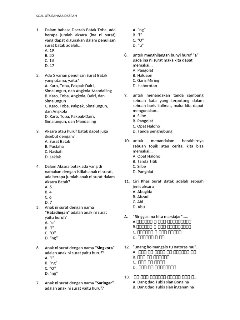Soal Ujian Sumatif B.daerah Kelas 7 | PDF
