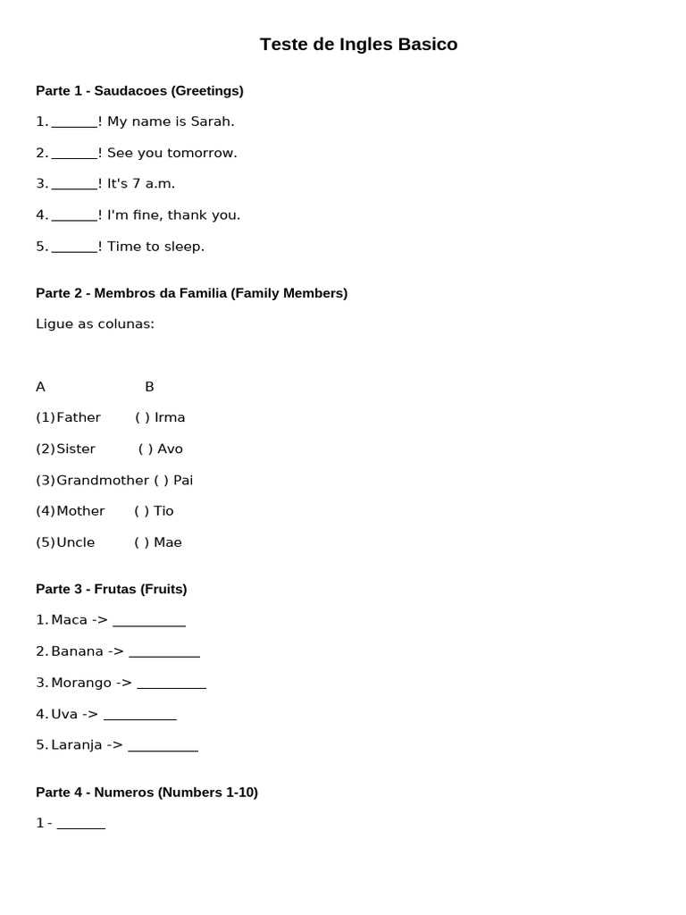 Teste Ingles Basico | PDF