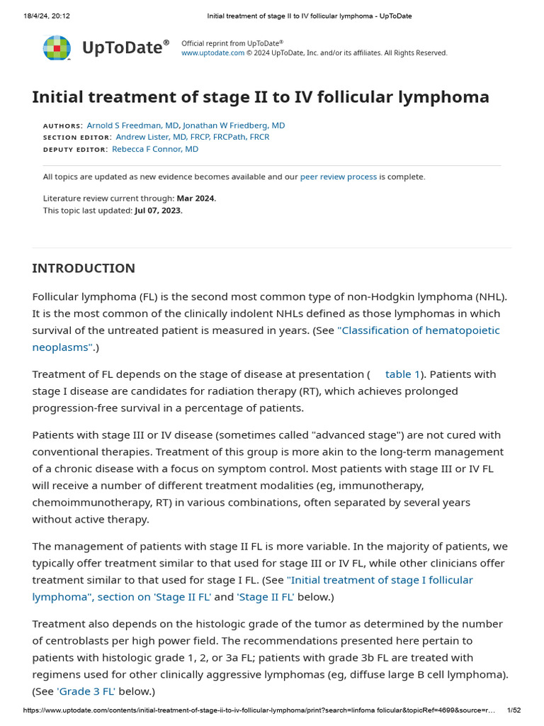 Initial treatment of stage II to IV follicular lymphoma - UpToDate ...