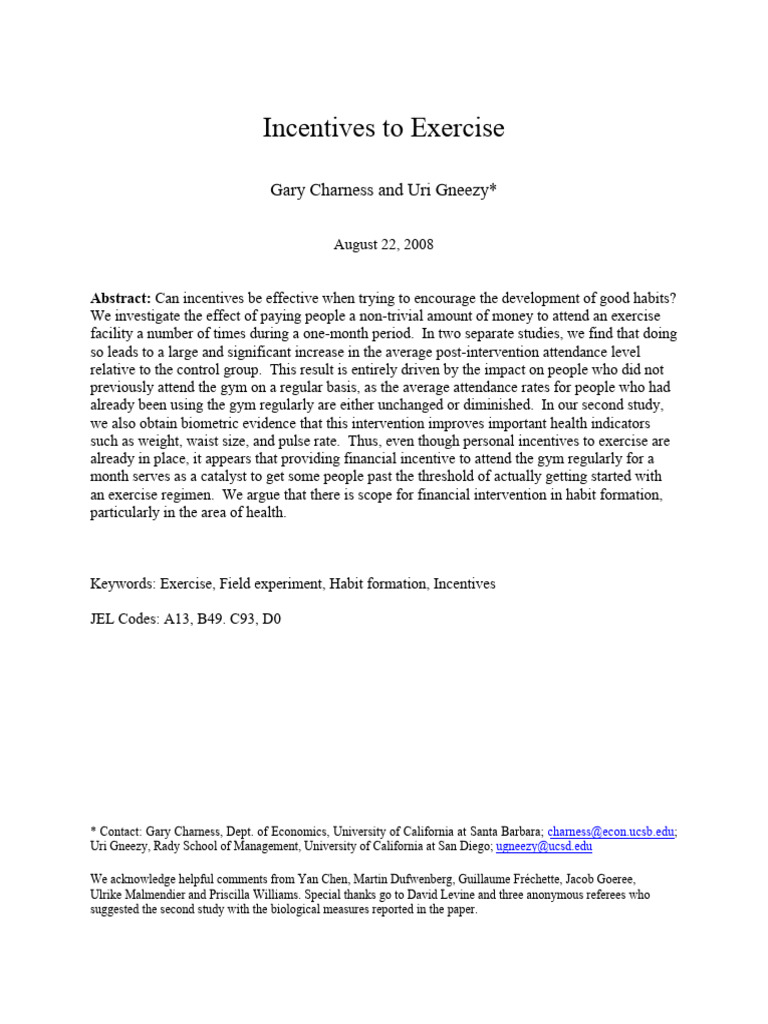 Financial Incentives for Exercise Habits | PDF | Incentive | Obesity