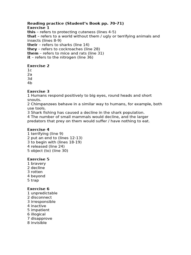 Reading Practice Answers (Students Book PP 70-71) | PDF