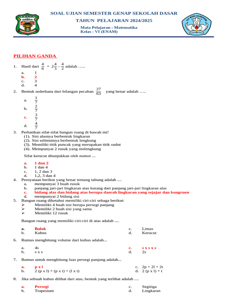 Kisi Uas MTK Kelas 6 Smest Genap 2024 2025 | PDF