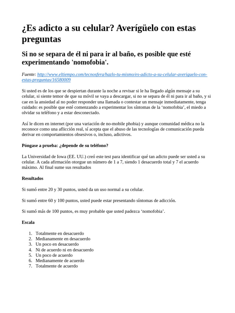 Prueba Adicto Al Celular | PDF | Telefonía móvil