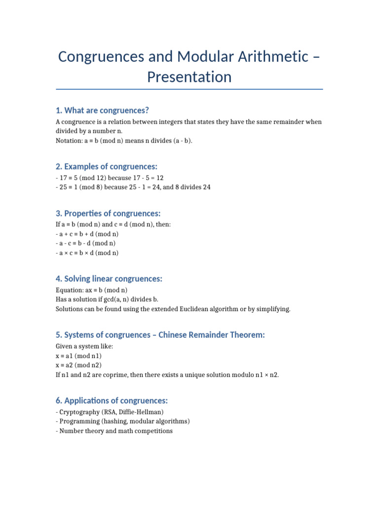 Congruences Modular Arithmetic Presentation EN | PDF