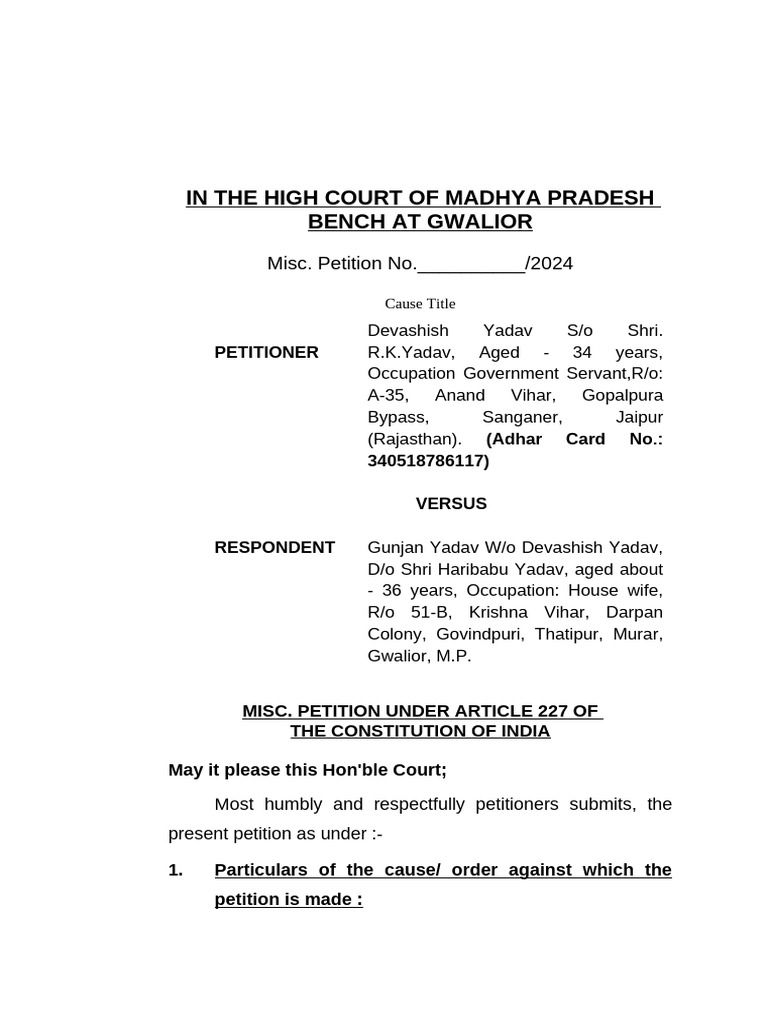 Devashish Yadav VS Gunjan Writ Petition Gwalior 17.05.2024 (Harsh Sharma Adv.) | PDF | Divorce ...