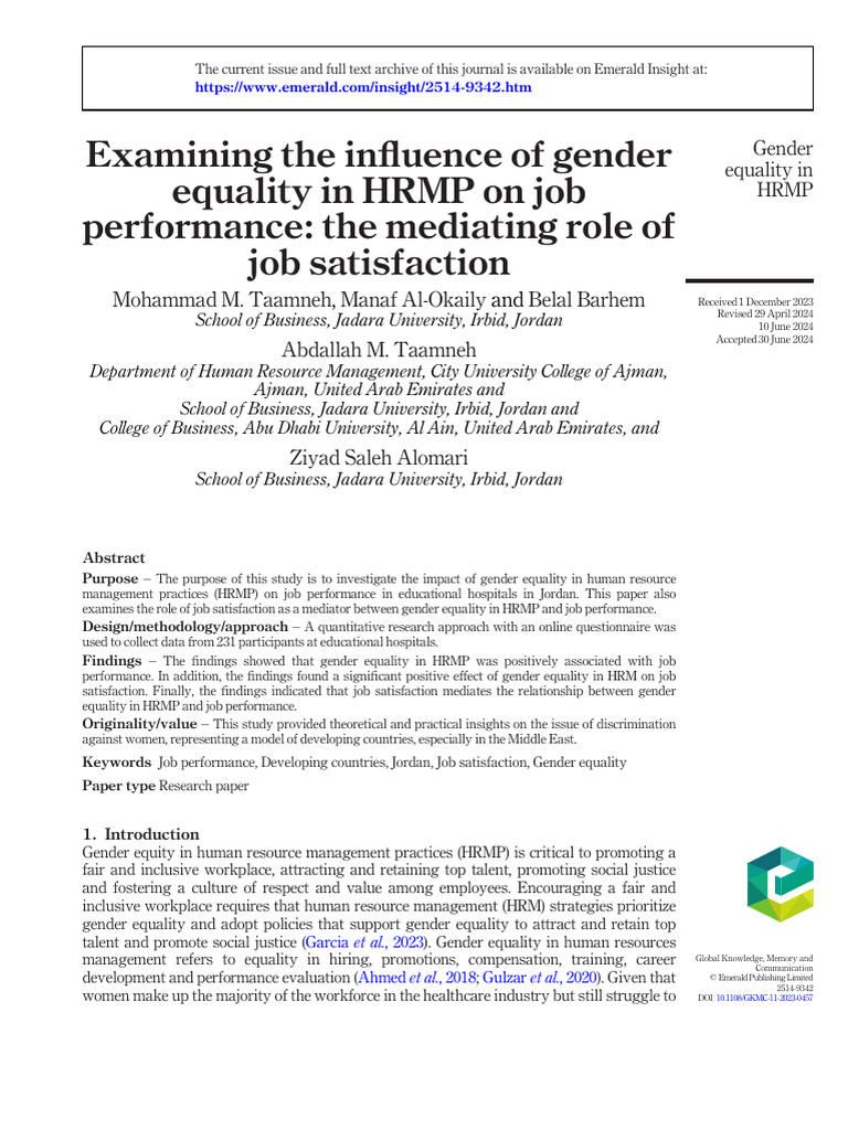 Examining The Influence of Gender Equality in HRMP On Job Performance - The Mediating Role of ...