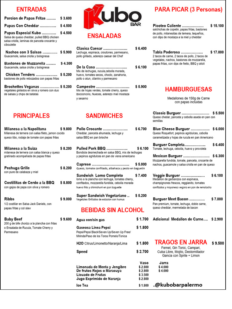 Menú del Kubo Bar en Palermo | PDF | Cocina | Alimentos