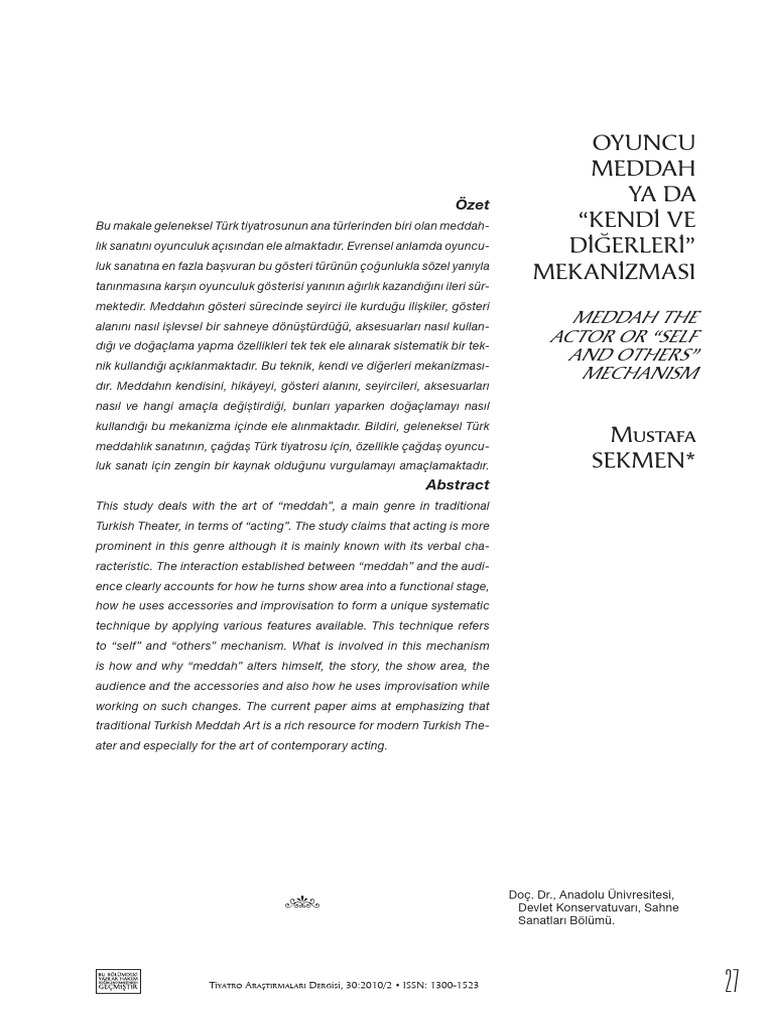 Mustafa Sekmen - Oyuncu Meddah Ya Da "Kendi Ve Diğerleri" | PDF