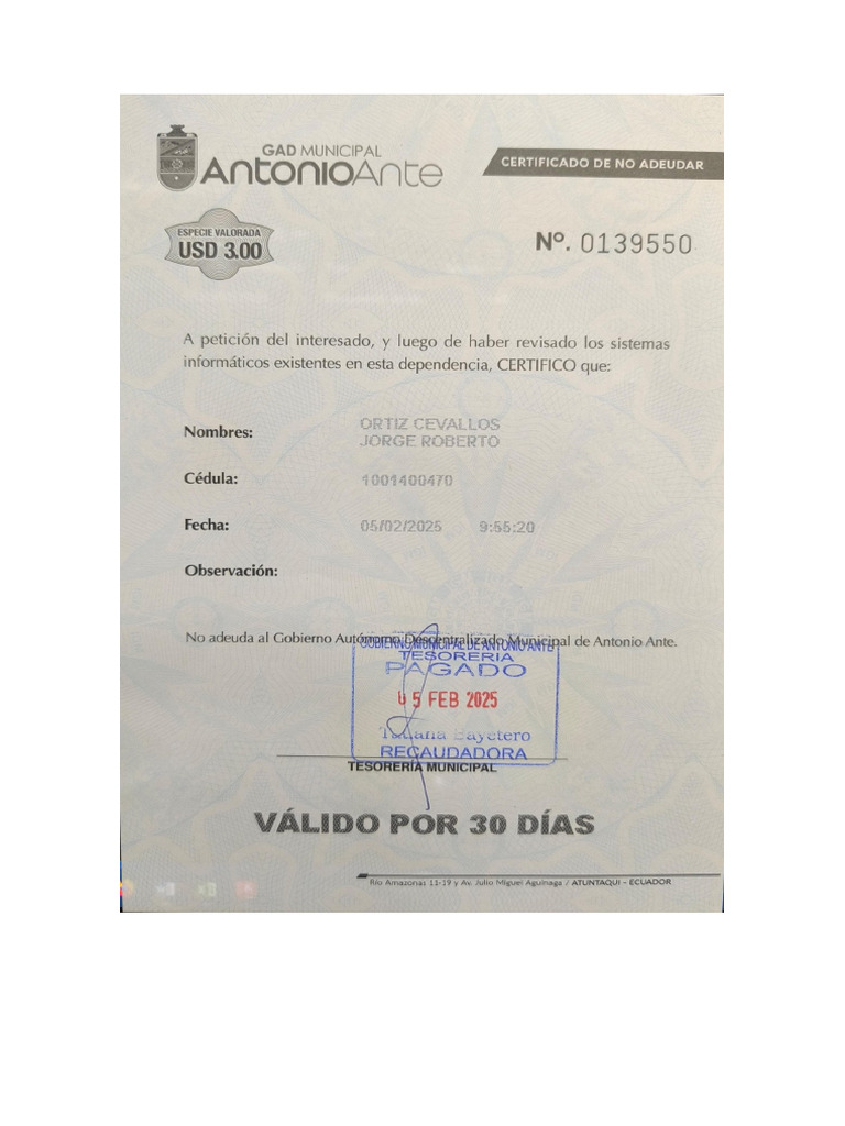 Certificado de No Adeudar | PDF