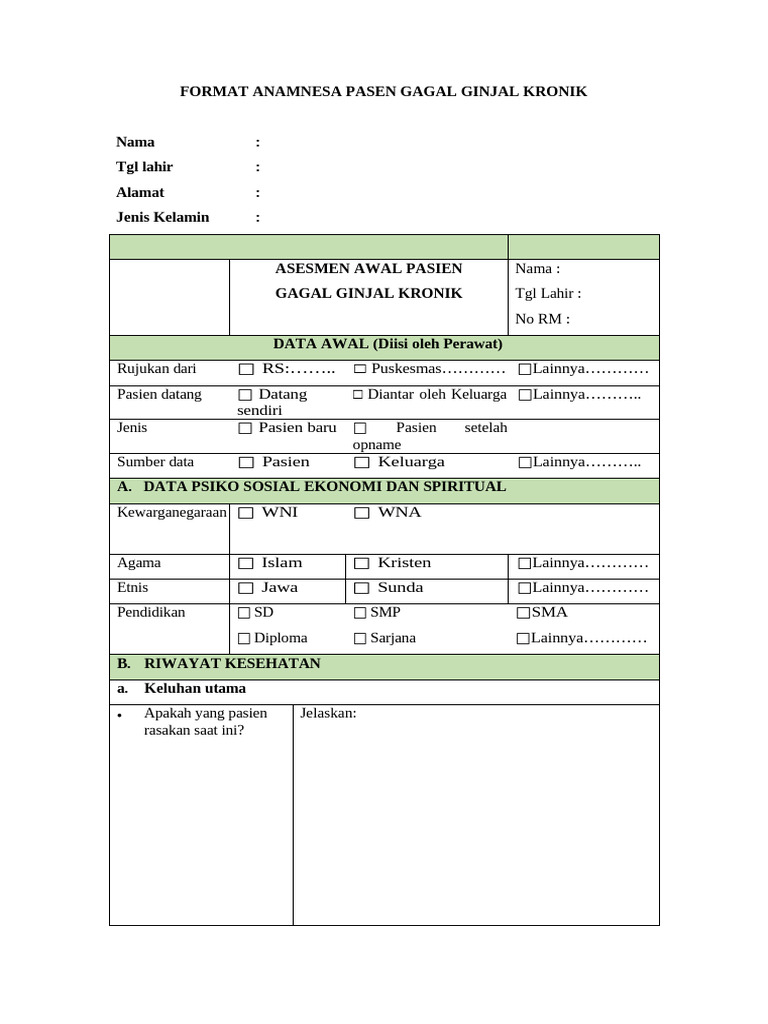 Format Anamnesa Pasien Gagal Ginjal | PDF