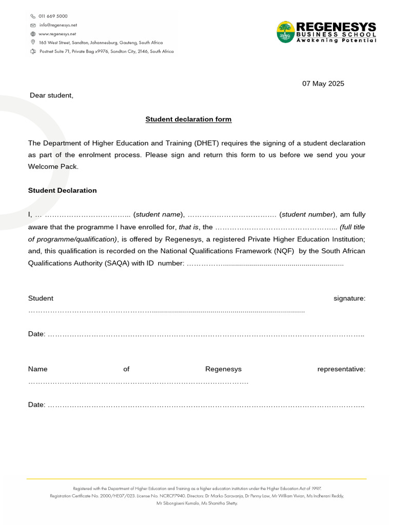 Regenesys Student Declaration Form RBS 2023 | PDF