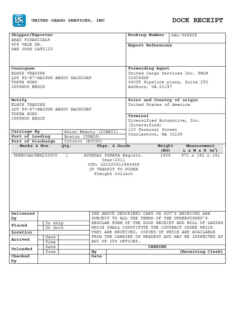Dock Receipt: United Cargo Services, Inc | PDF