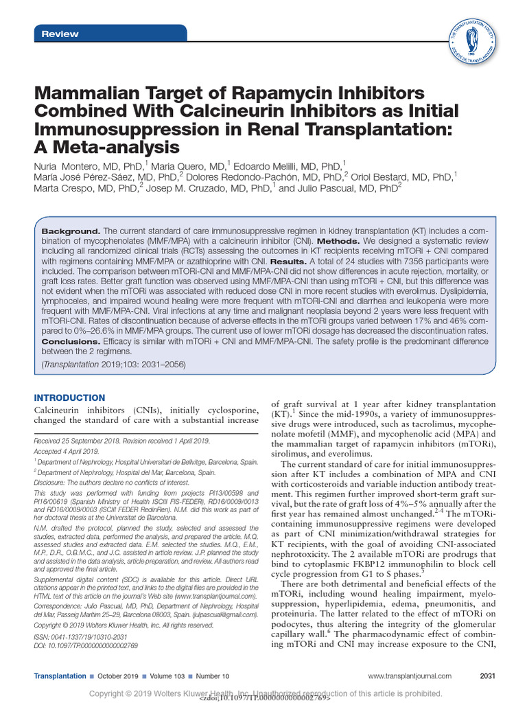 Mammalian target of rapamycin inhibitors combined with calcineurin ...