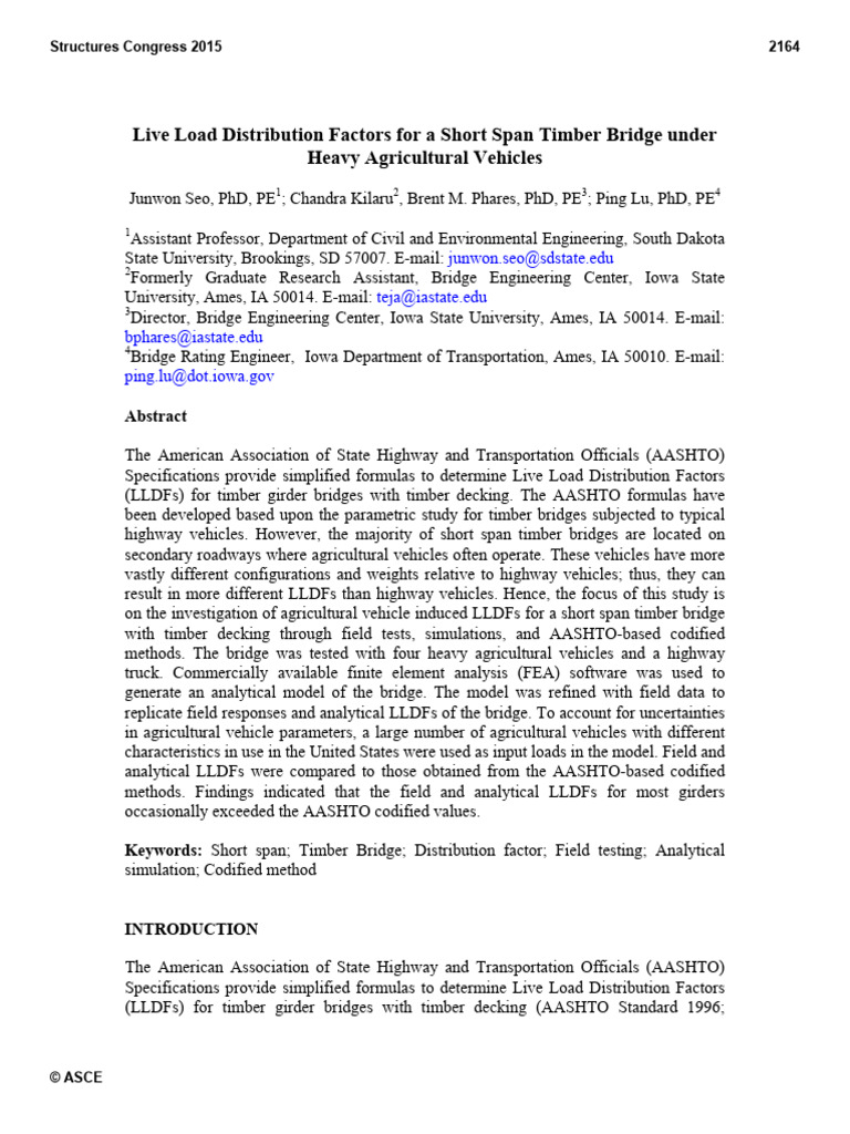 Seo2015, Live Load Distribution Factors For A Short Span Timber Bridge ...