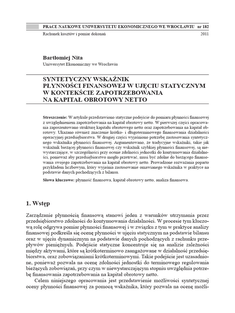 Nita Syntetyczny Wskaznik Plynnosci Finansowej W Ujeciu | PDF