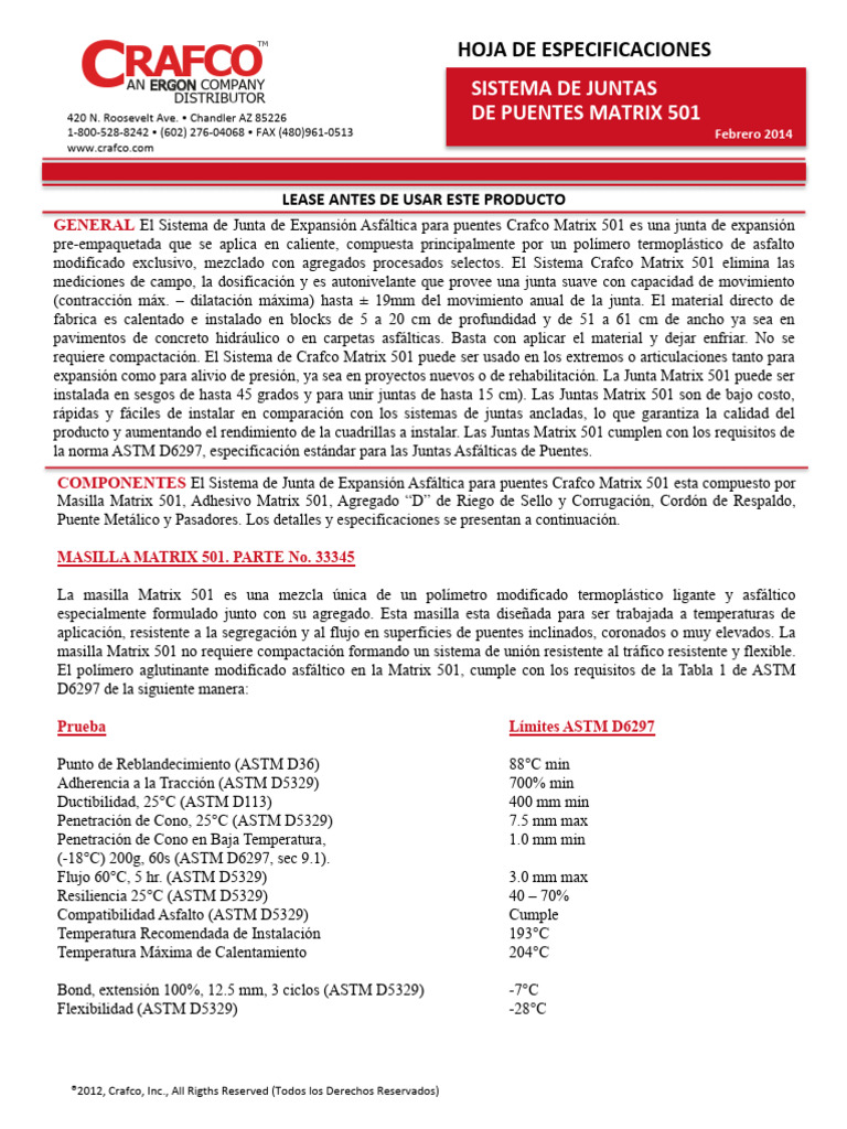 Especificaciones Junta Matrix 501 | PDF | Hormigón | Materiales