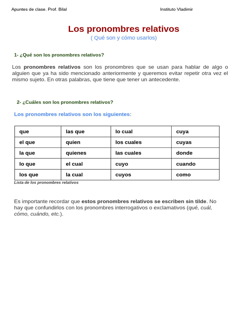 LOS PRONOMBRES RELATIVOS - Actividades y Ejemplos | PDF | Pronombre