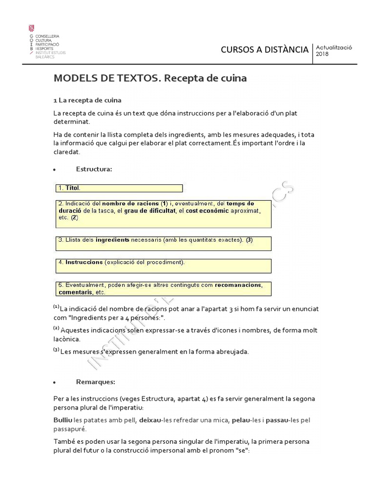 MODELS DE TEXTOS. Recepta de Cuina | PDF